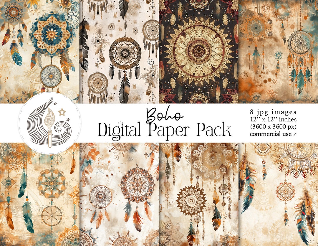 Boho Digital Paper Pack: Vintage Mandala & Dreamcatcher Backgrounds in ...