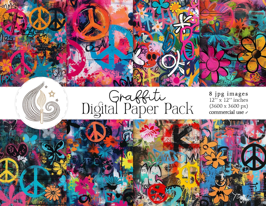 Graffiti Digital Paper Pack | Peace Symbols & Flowers | Commercial Use ...