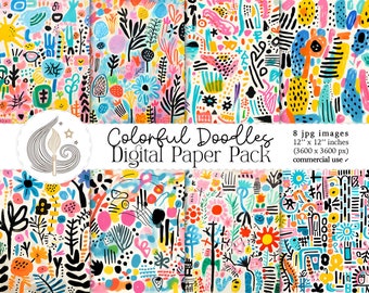 Colorful Doodles Seamless Patterns: Fun Hand-drawn Digital Paper Pack ...