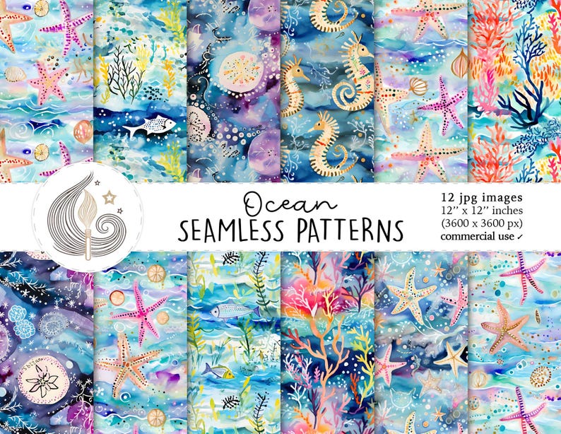 Ocean Seamless Patterns: Watercolor Sea Life Digital Paper Pack With ...