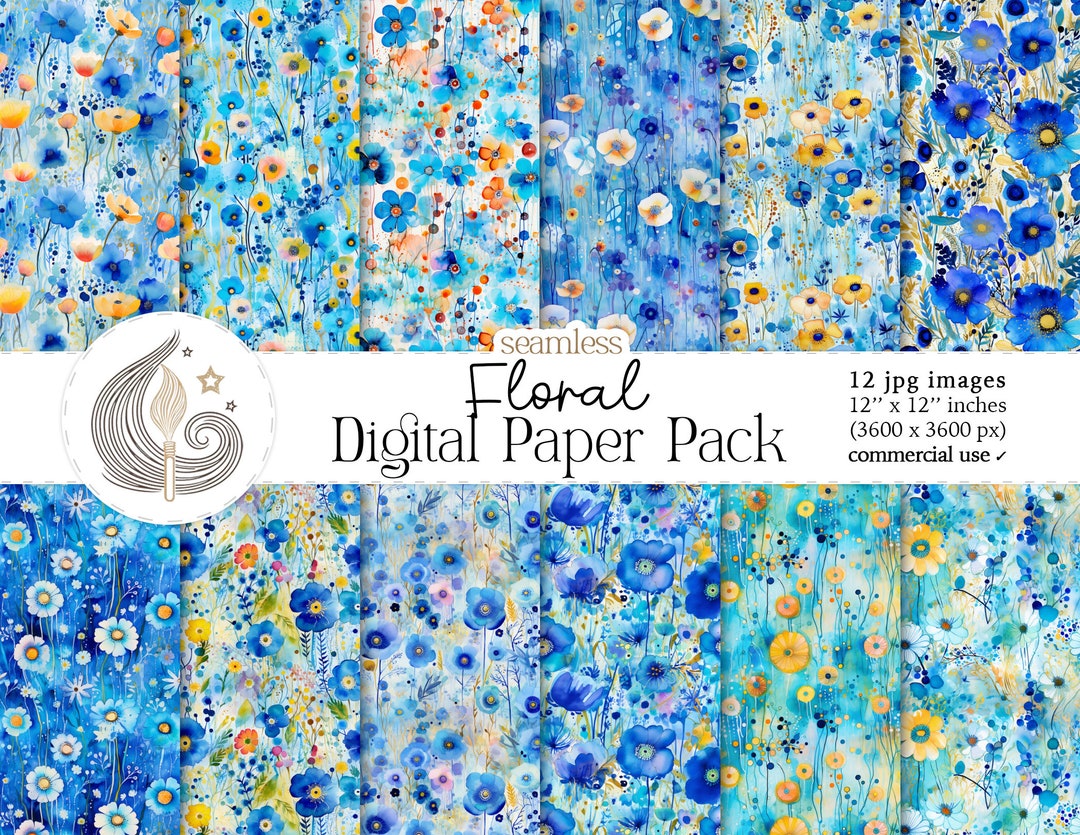 Blue Flower Seamless Pattern Digital Paper Flowers Repeating Pattern ...