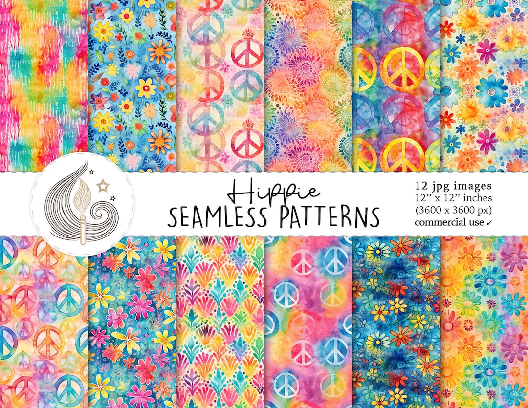 Hippie Seamless Patterns: Groovy Peace Digital Paper Pack With Tie-dye ...