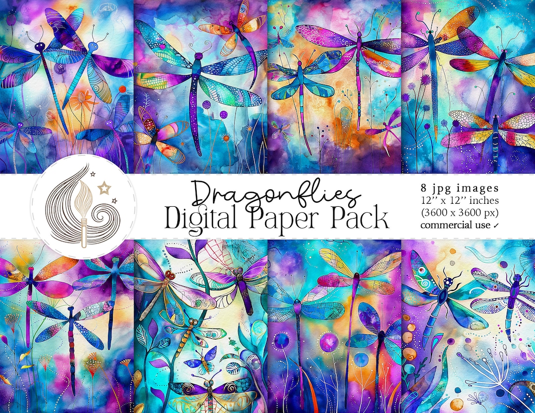 Dragonfly Watercolor Digital Paper | Whimsical Dragonflies | Commercial ...