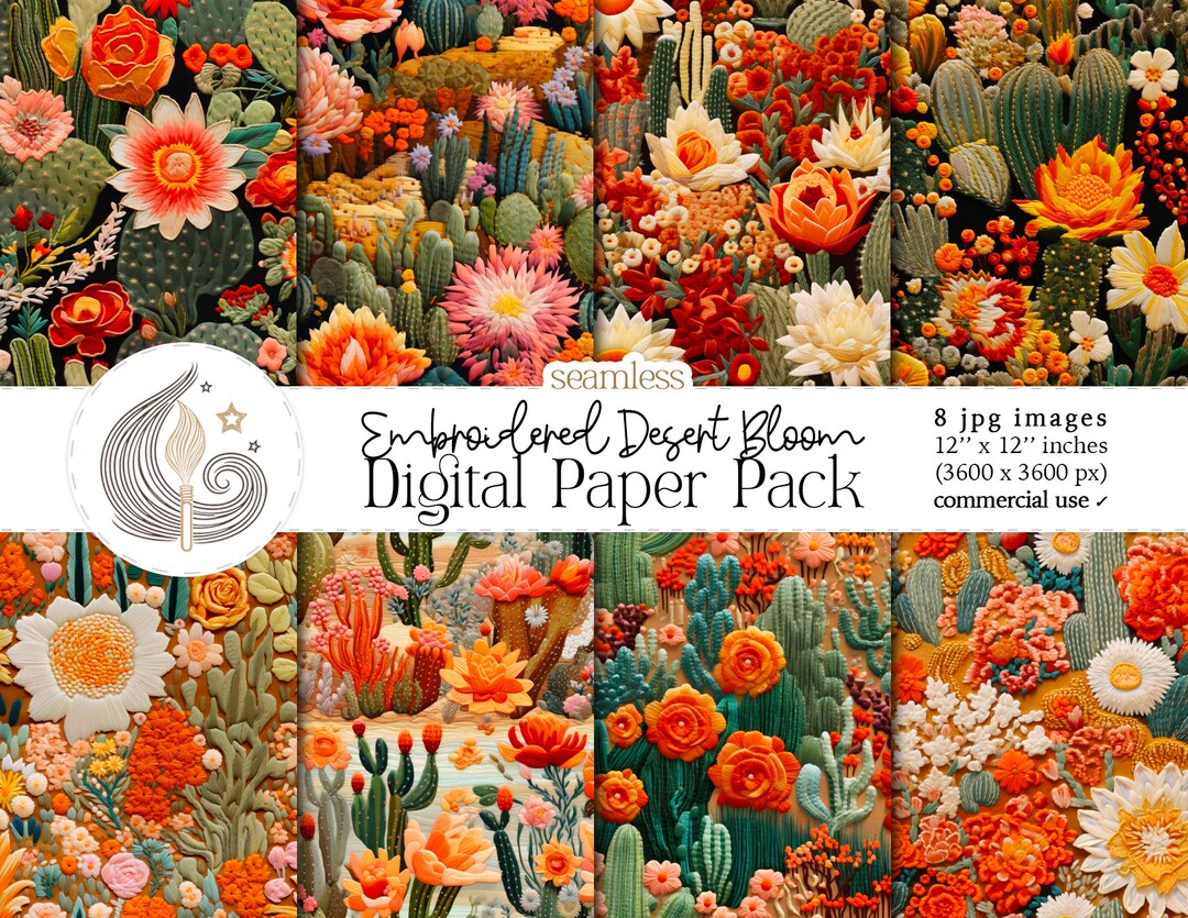 Cactus Embroidered Seamless Patterns Desert Blooms Digital Papers ...