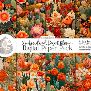 Cactus Embroidered Seamless Patterns Desert Blooms Digital Papers ...