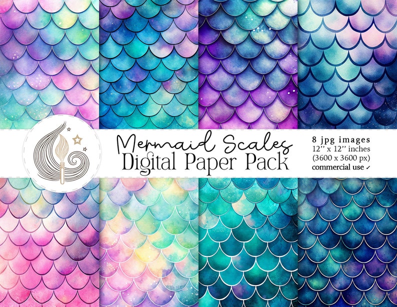 Mermaid Scales Digital Paper Pack: Ocean Fantasy Backgrounds in Purple ...