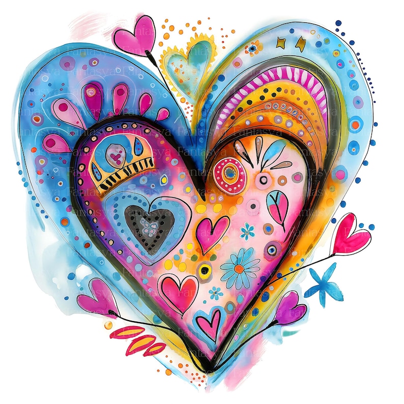 Whimsical Heart Clip Art Pack: 12 Jpg Colorful Mixed Media ...