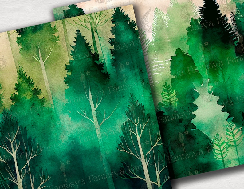 Forest Trees Digital Paper Watercolor Background - Etsy