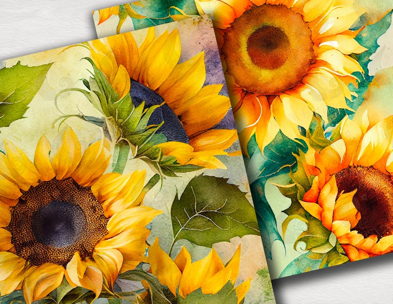 Sunflowers Digital Paper Pack: Watercolor Floral Backgrounds in Warm ...