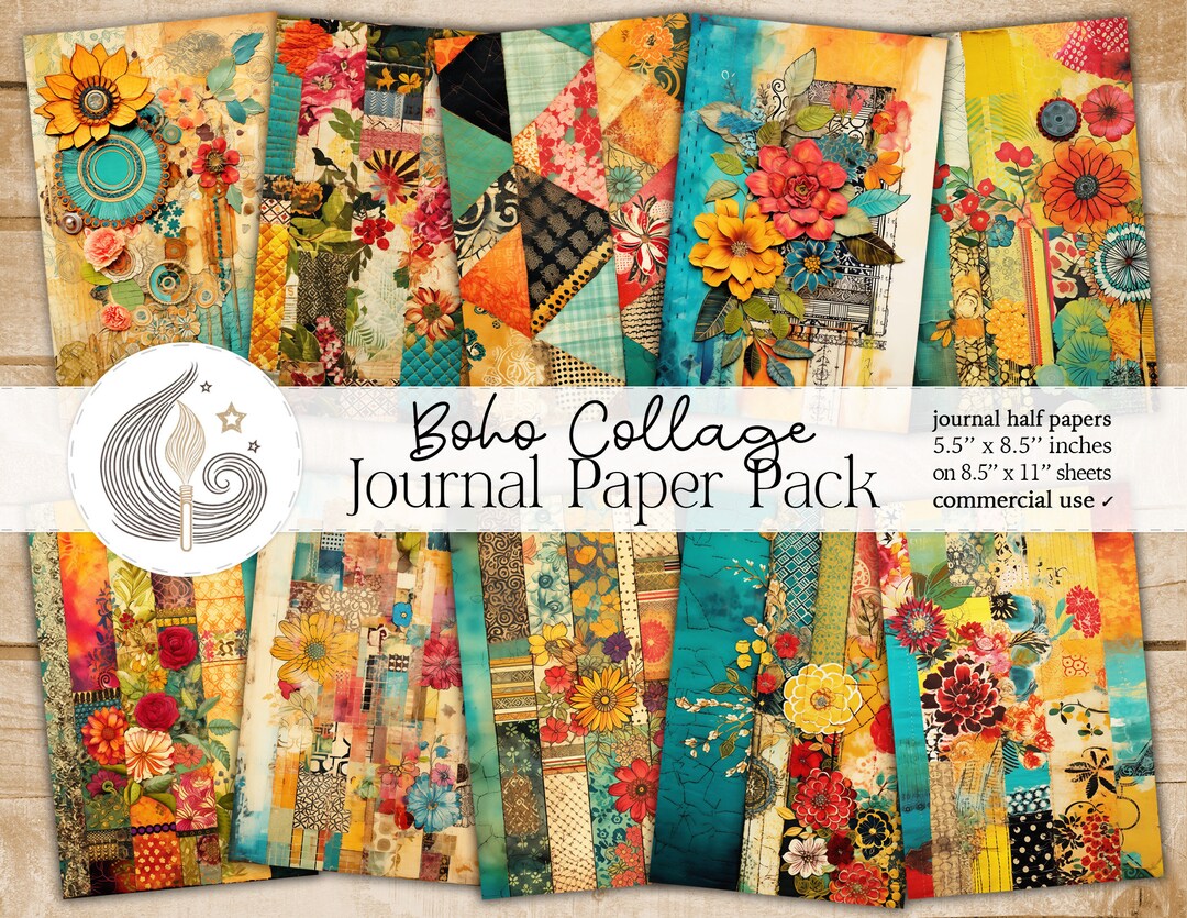 Boho Collage Junk Journal Pages: Warm Mixed Media Papers With Florals ...