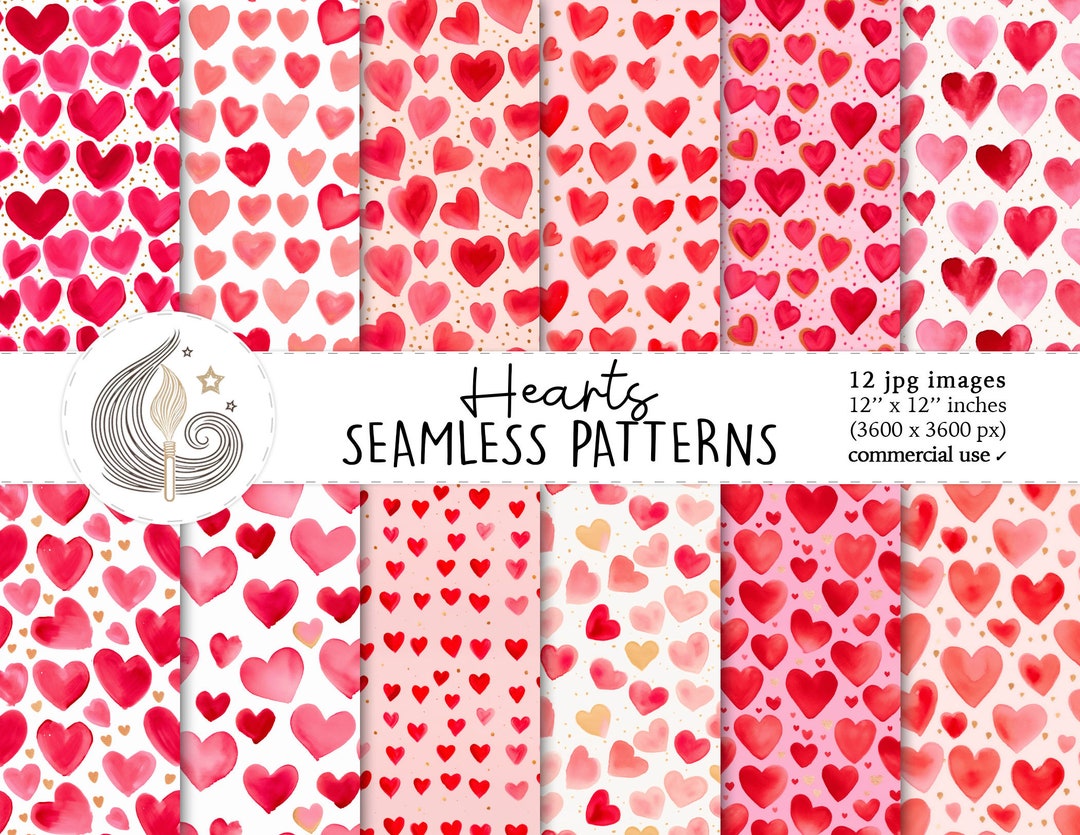 Hearts Seamless Patterns: Watercolor Valentine Digital Paper Pack With ...