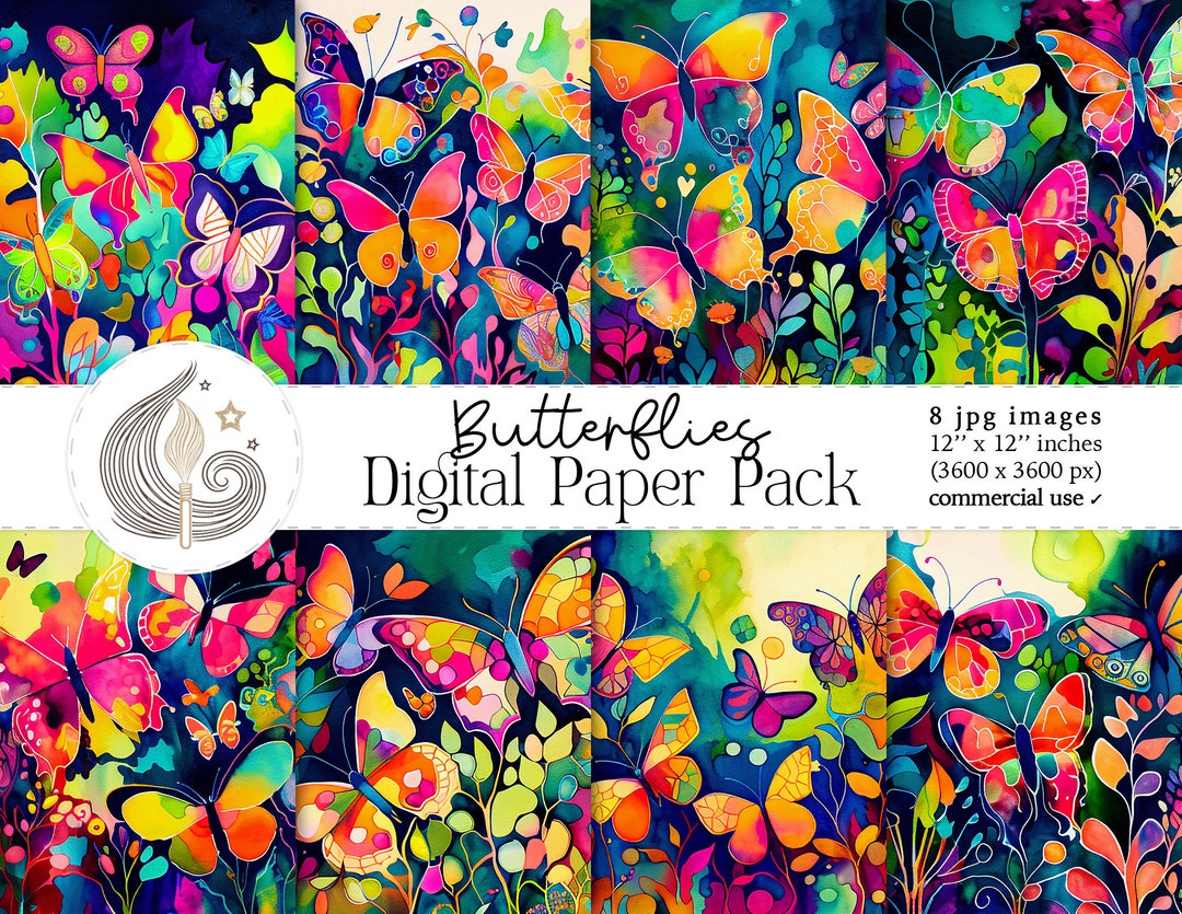 Butterflies Digital Paper Pack: Vibrant Colorful Watercolor Butterfly ...