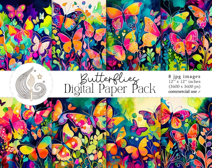 Butterflies Digital Paper Pack: Vibrant Colorful Watercolor Butterfly ...