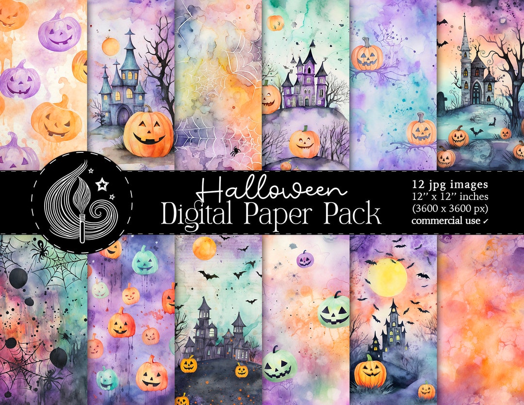 Halloween Digital Paper Pack: Watercolor Pumpkins and Haunted Houses in ...