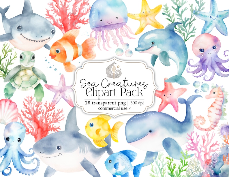 Watercolor Sea Creatures Clipart Sea Animals Clipart - Etsy UK
