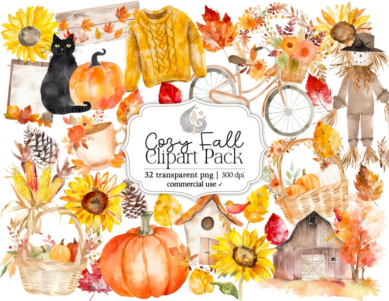 Watercolor Cozy Fall Clipart Pack: Pumpkins, Leaves and Autumn Decor ...