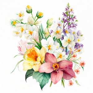 Watercolor Spring Flower Clipart: Floral Bouquet Images (digital ...