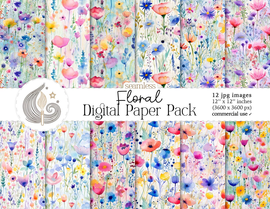 Watercolor Wildflower Digital Paper Seamless Pattern Commercial Use ...