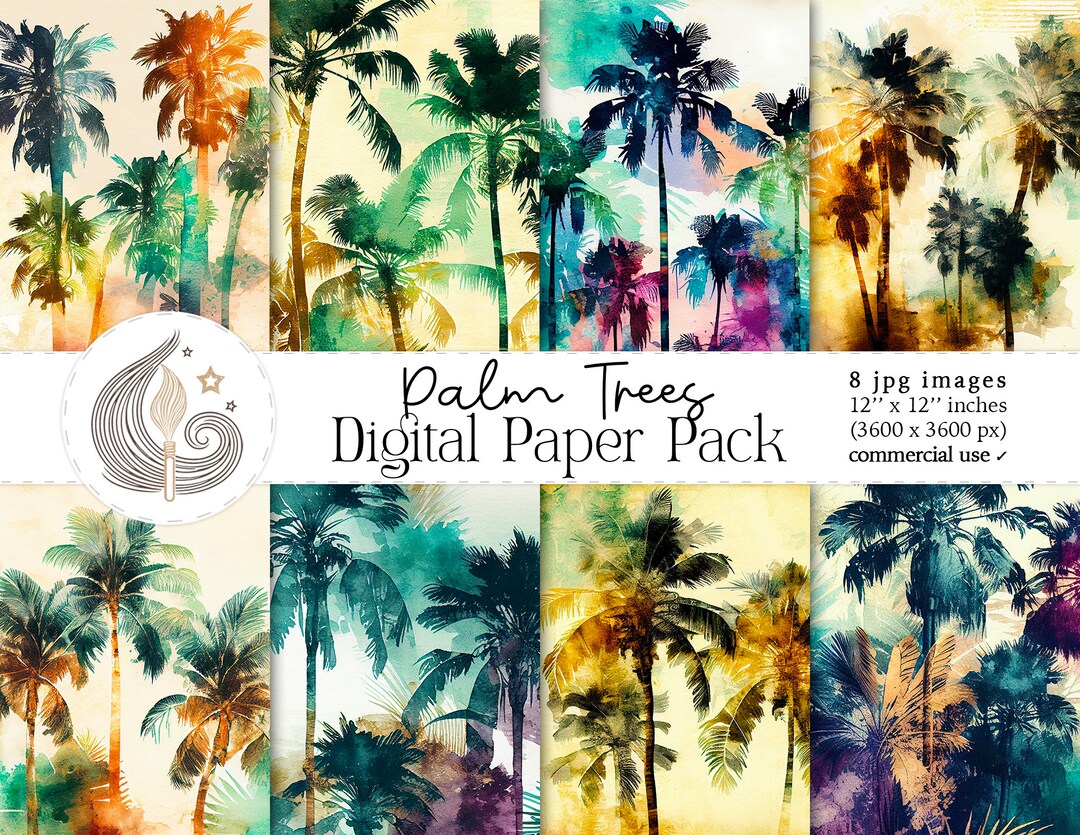 Palm Trees Digital Paper | Watercolor Palm Trees | Scrapbooking Paper ...