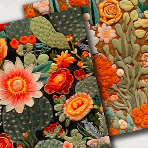Cactus Embroidered Seamless Patterns Desert Blooms Digital Papers ...