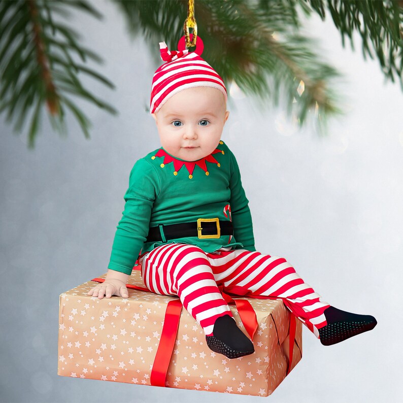 Baby Elf Ornament, Custom Baby Face for Christmas, Green Elf Costume ...