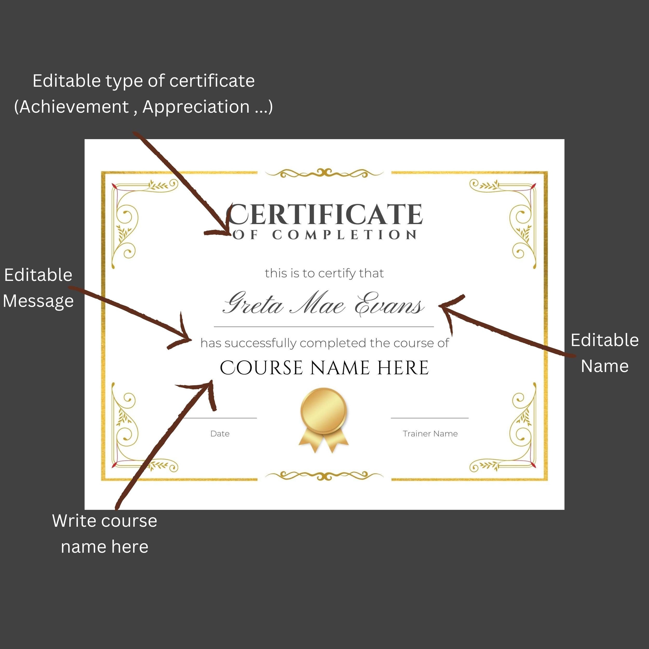 Editable Certificate of Completion Template, Gold Certificate Template ...