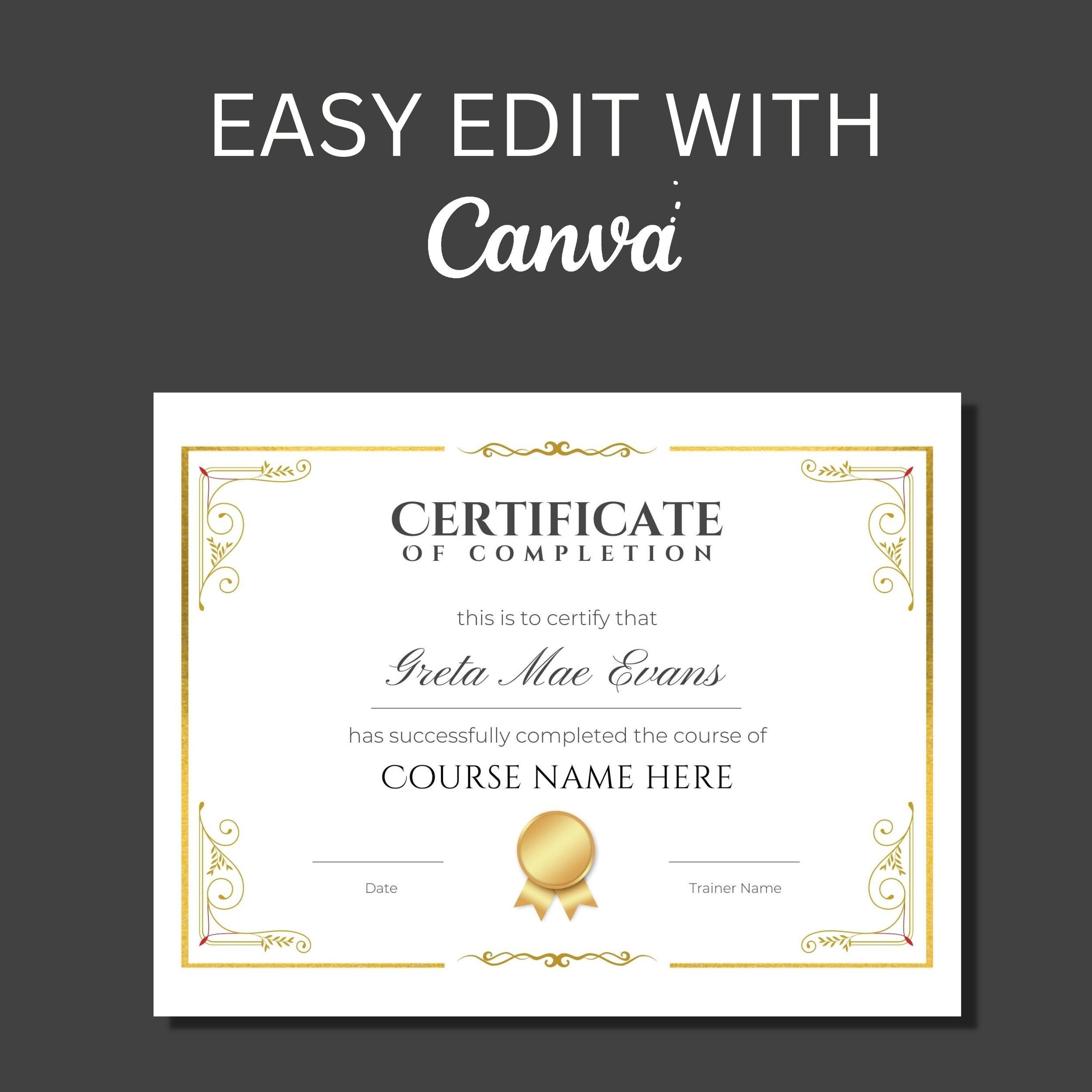 Editable Certificate of Completion Template, Gold Certificate Template ...