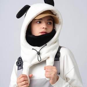 White Panda Balaclava Hood, Moving Ears Animal Hat, Gifts for Her/ Him ...