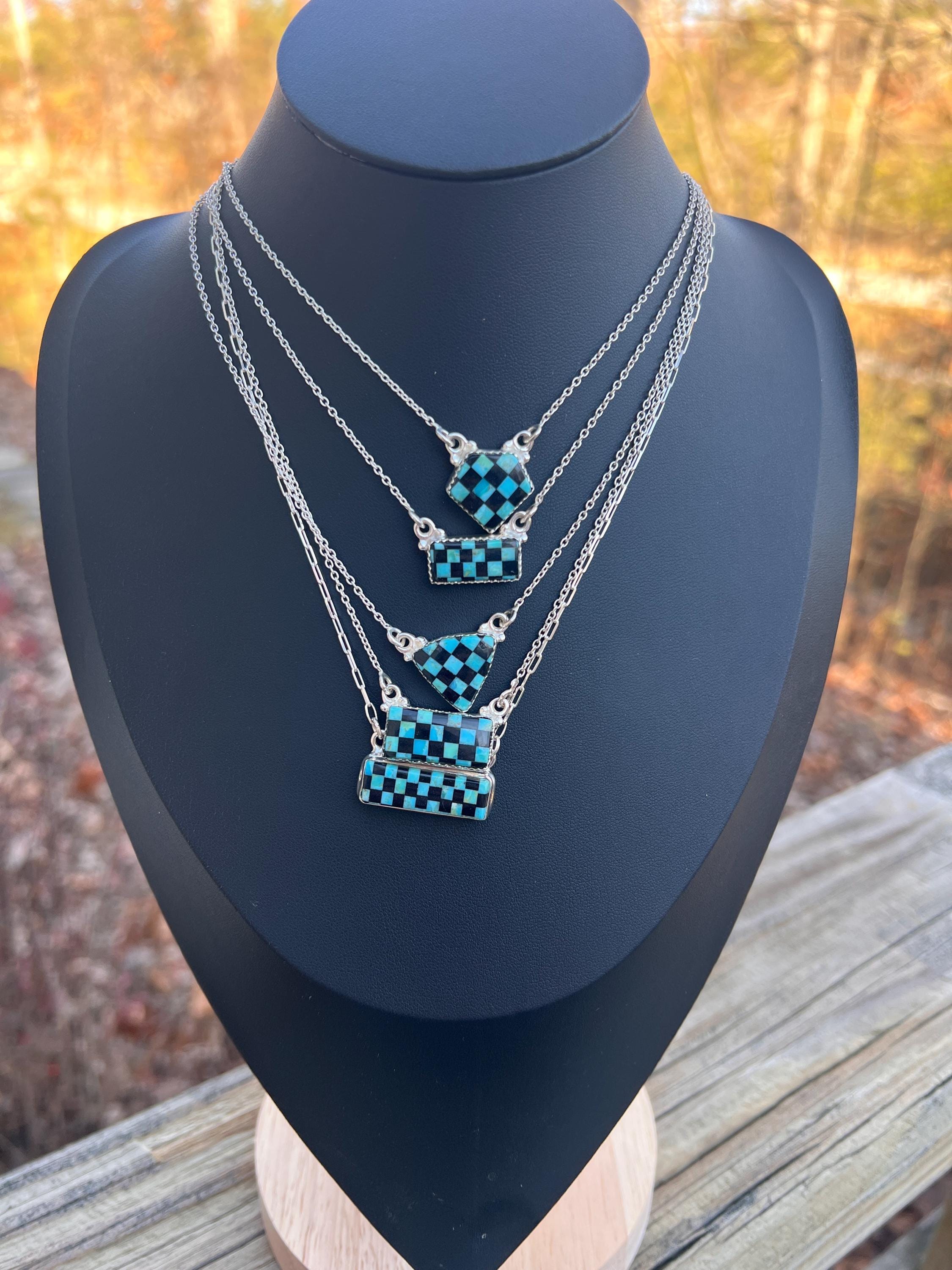 Turquoise & Onyx Checkerboard Necklace | Sterling Silver | Western ...