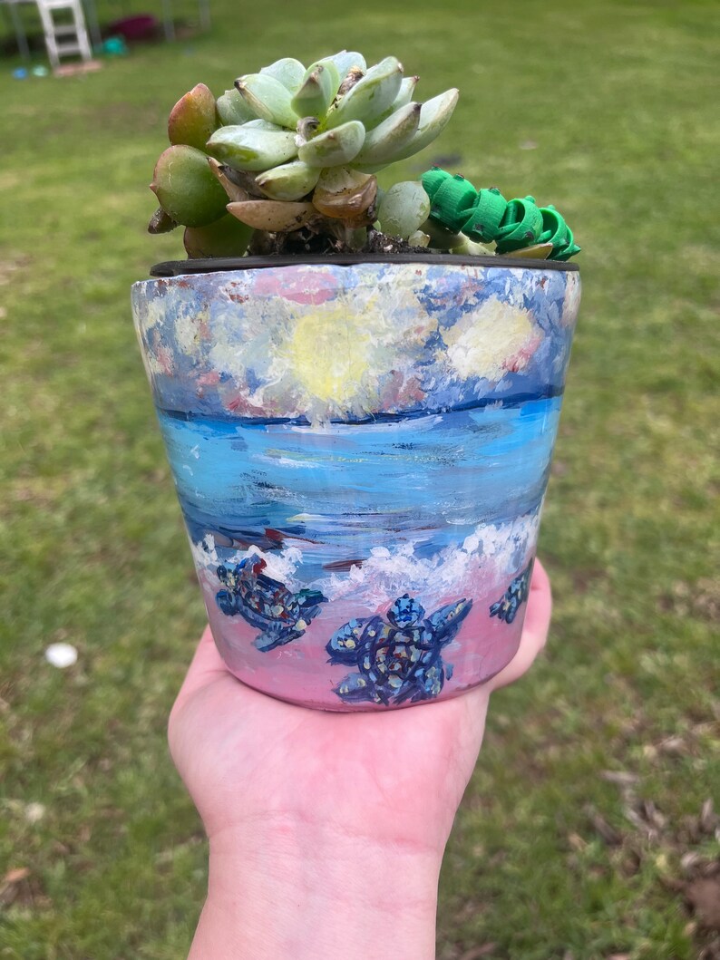Planter 5” Hand-painted Sea Turtle Sunset, W/ Laquer Resin Finish ...