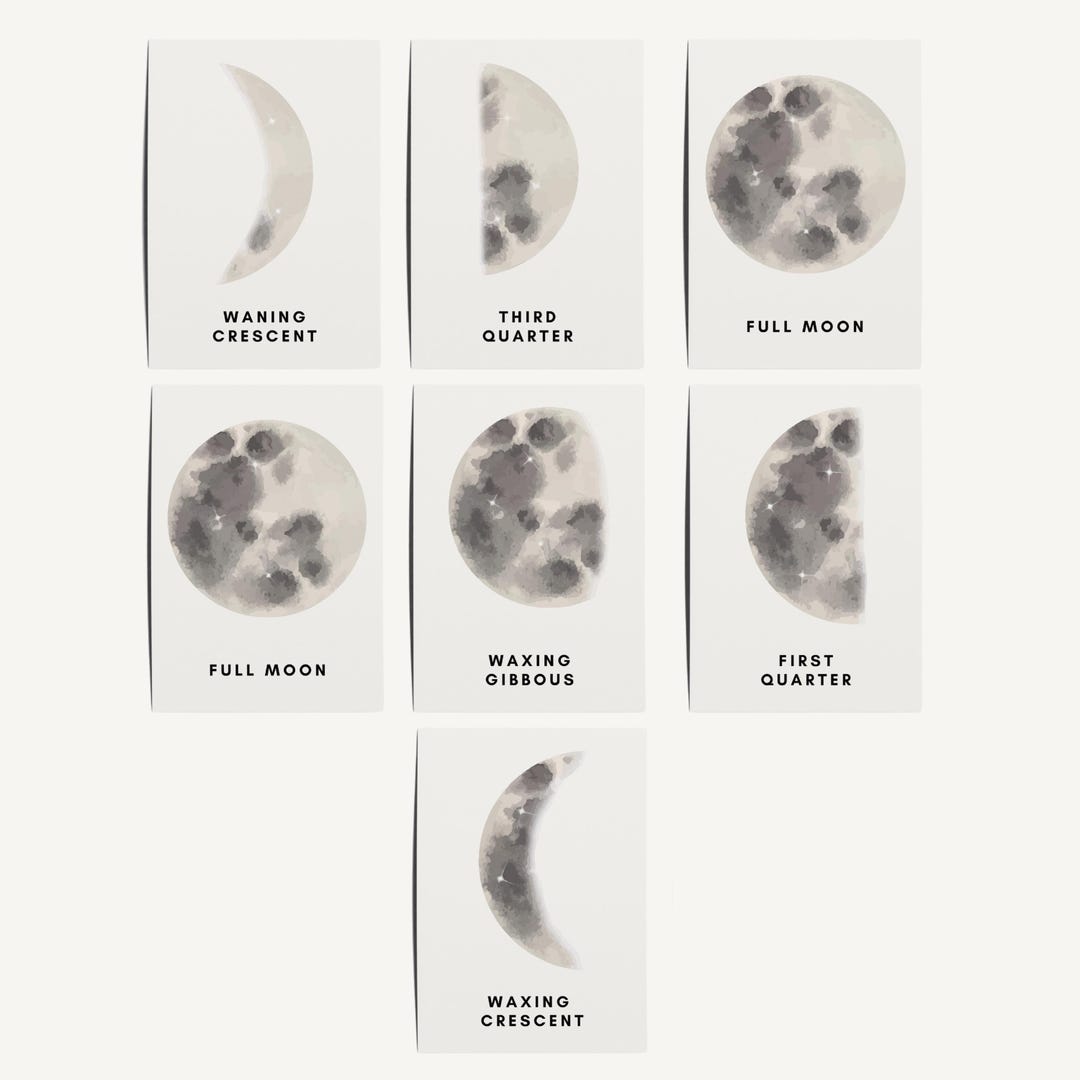 Watercolor Moon Phases Flashcards for Toddlers, Montessori Flashcards ...
