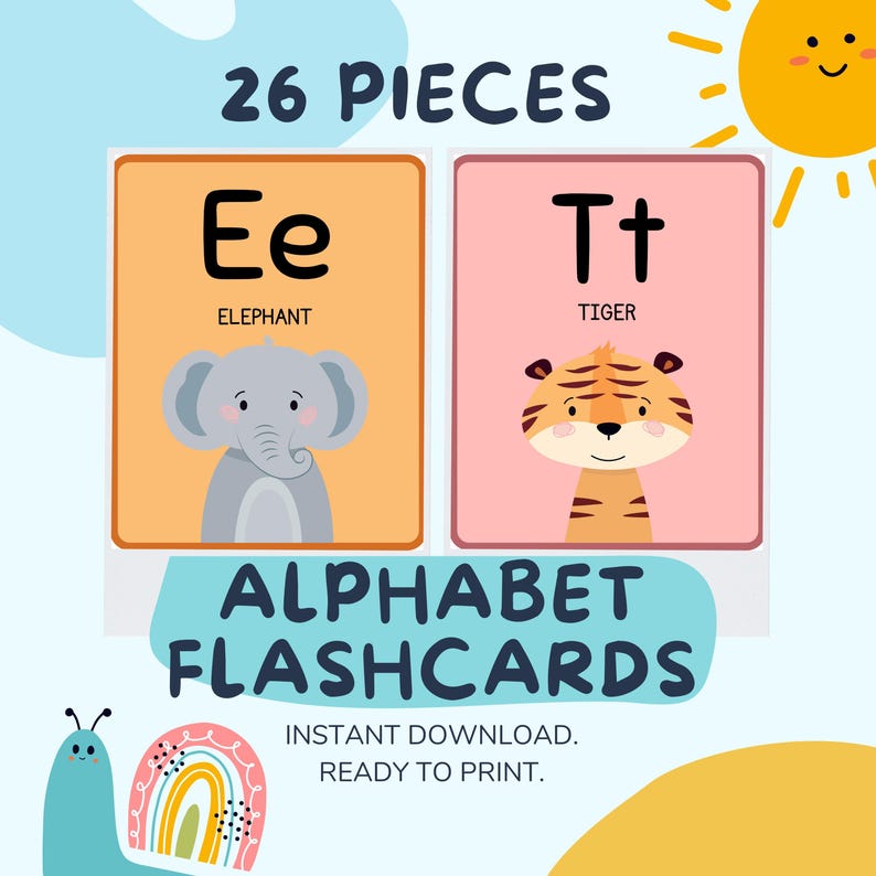 26 Pieces Printable Animal Alphabet Flashcards for Kids, Pre-school ...