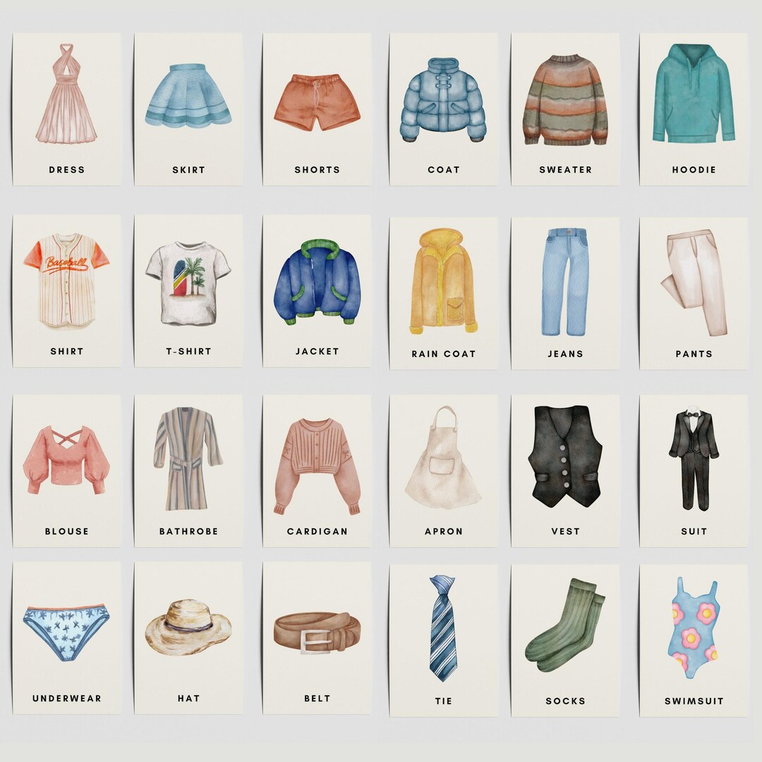 31 Pieces Printable Clothing Flashcards for Kids, Pre-school Flashcards ...
