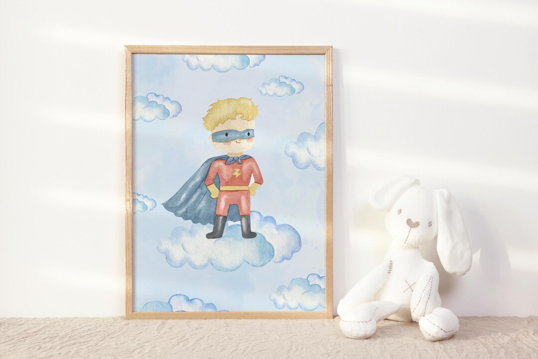 Watercolor Superboy Toddler Room Poster, Over the Clouds Superboy Wall ...