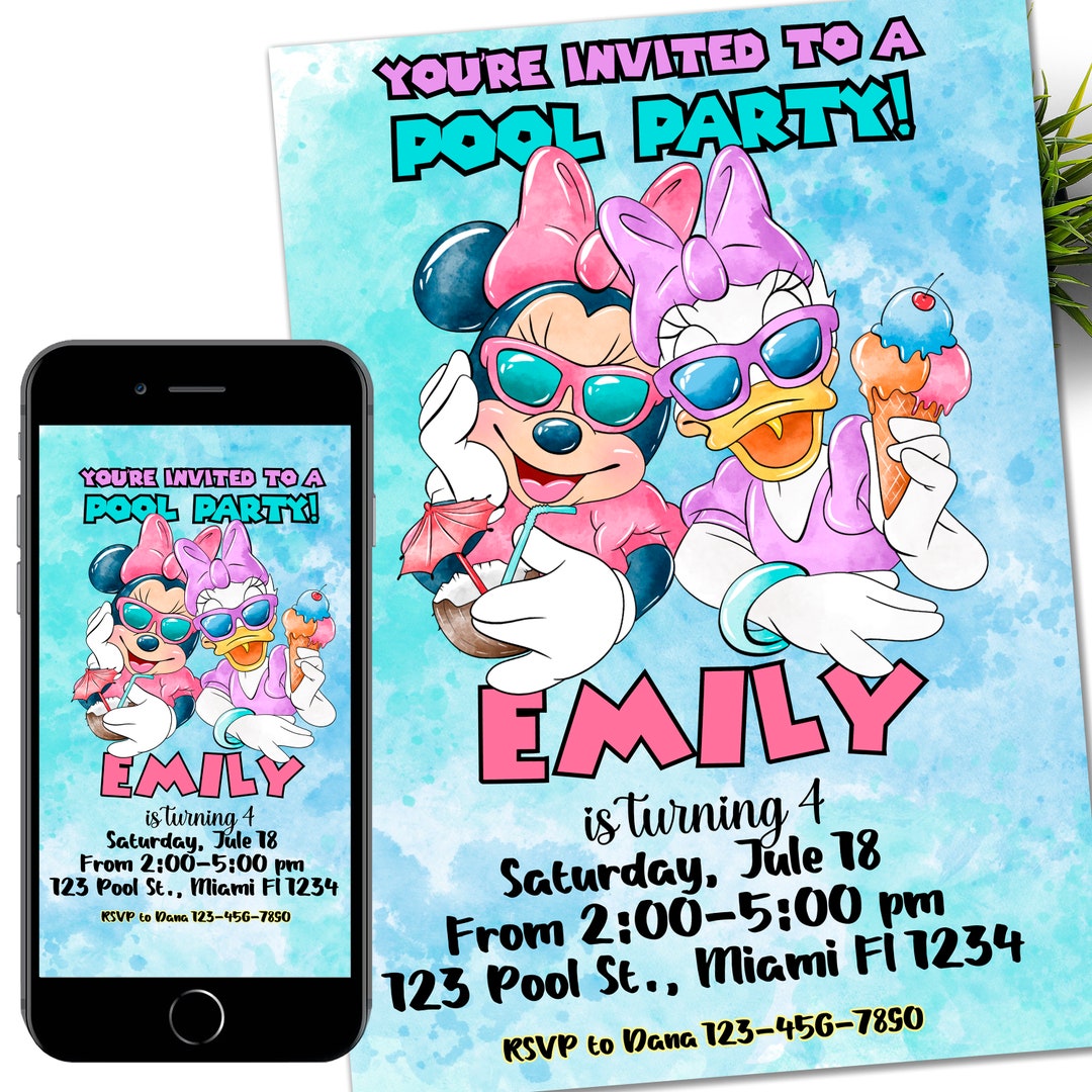 Pool Party Minnie Mouse Invitation Daisy Duck Birthday Party Minnie ...