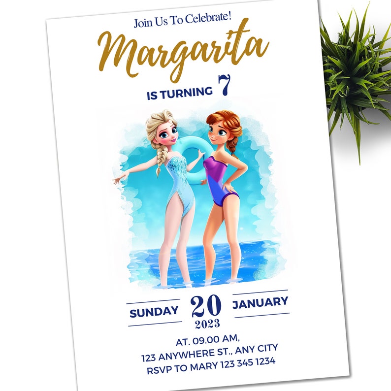 FROZEN Pool Party Elsa and Anna Birthday Invitation Summer Birthday ...