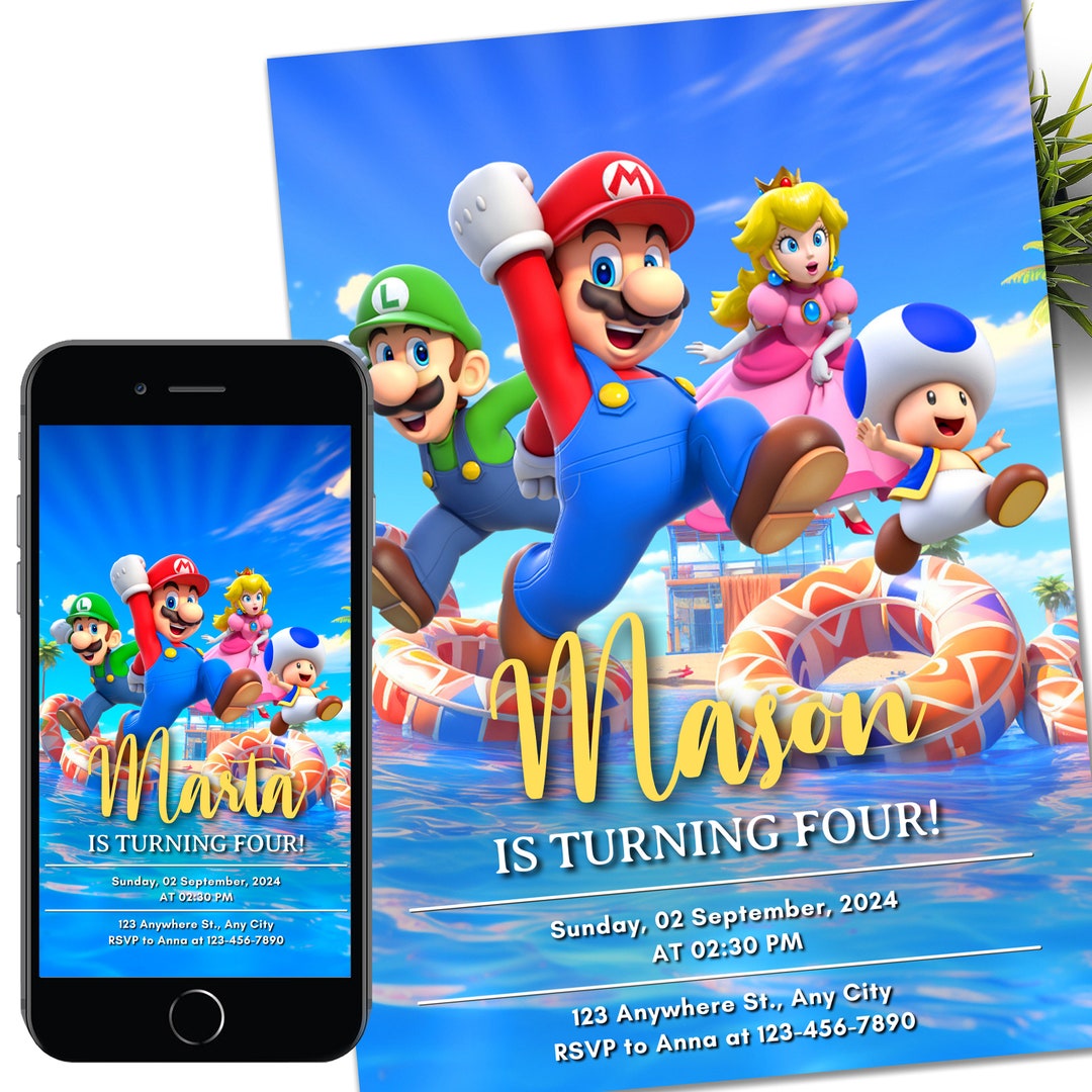 Mario Bros Invitation Pool Party, Super Mario Birthday Invitation ...