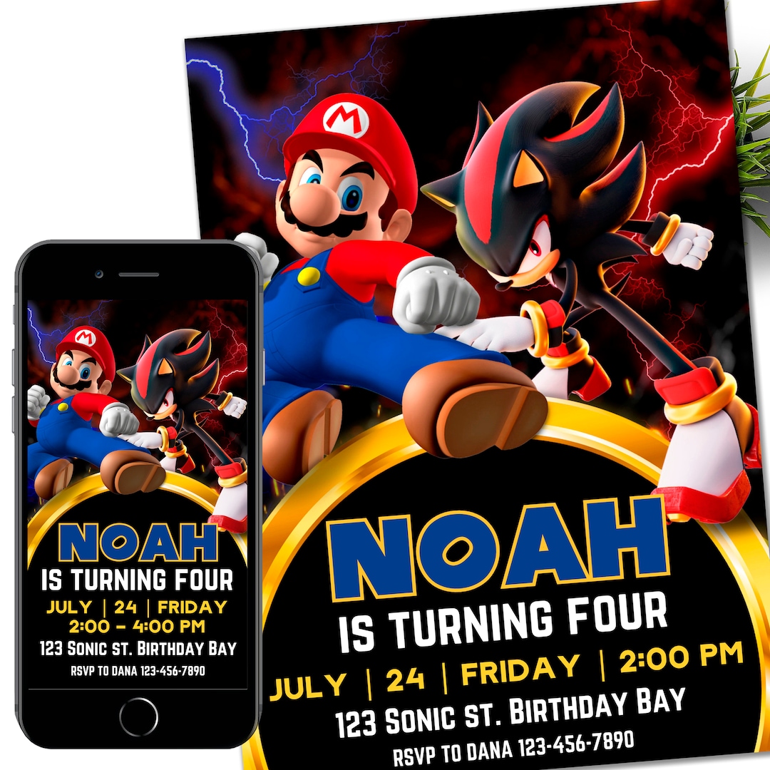 Invitación de Mario Bros Shadow Sonic, Invitación de cumpleaños de ...