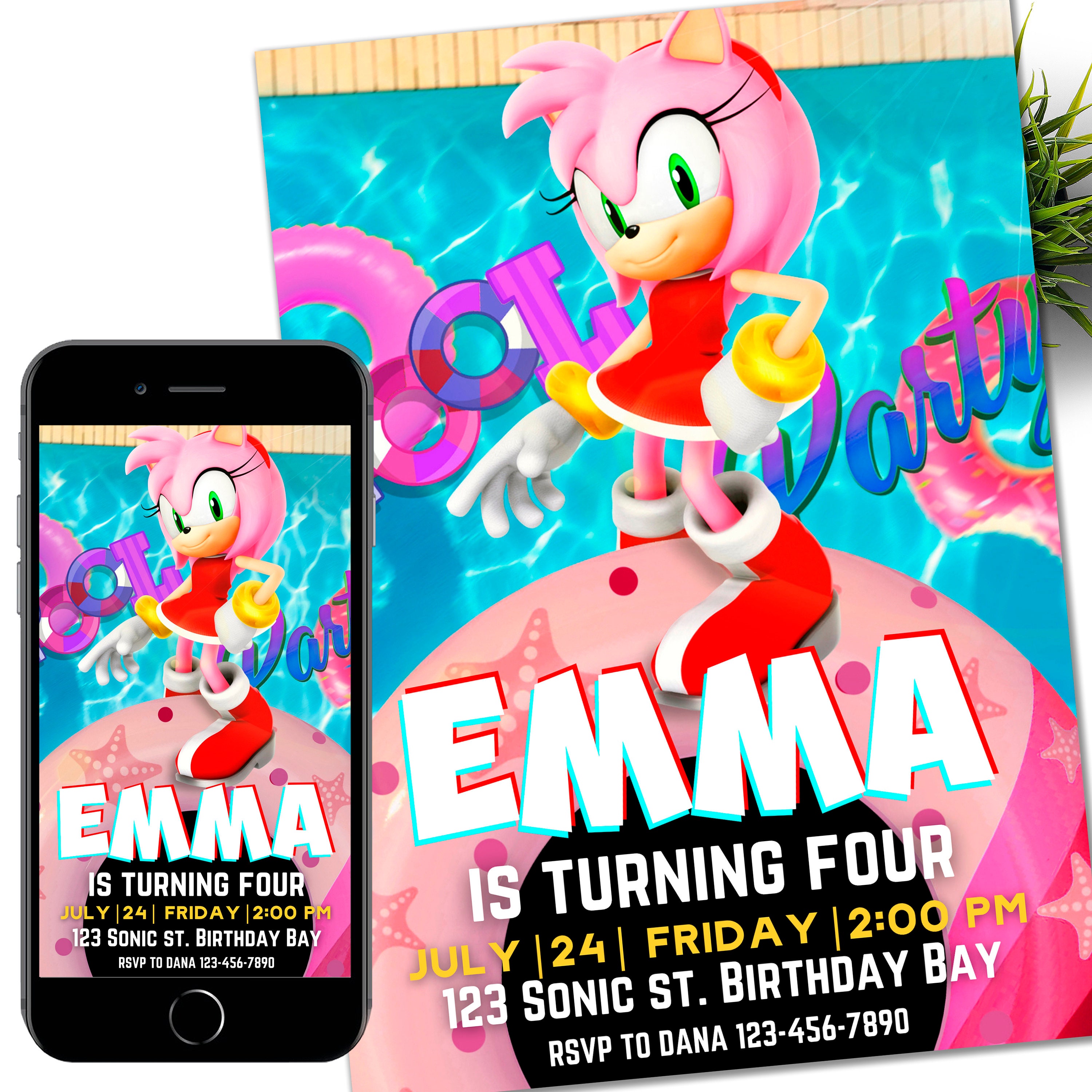 Sonic Amy Rose Pool Party Birthday Digital Invitation, Kids Party E ...