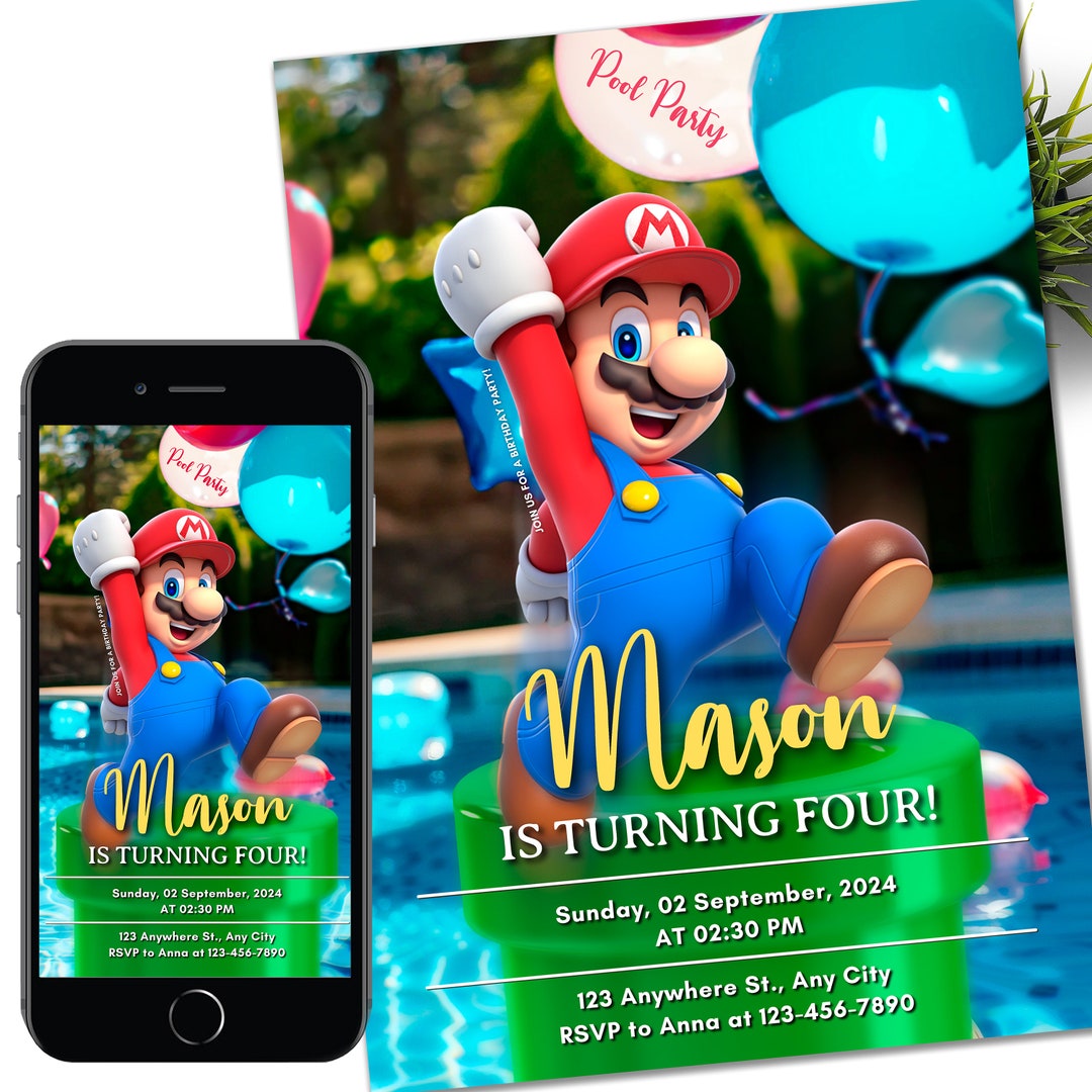 Mario Bros Invitation Pool Party, Super Mario Birthday Invitation ...