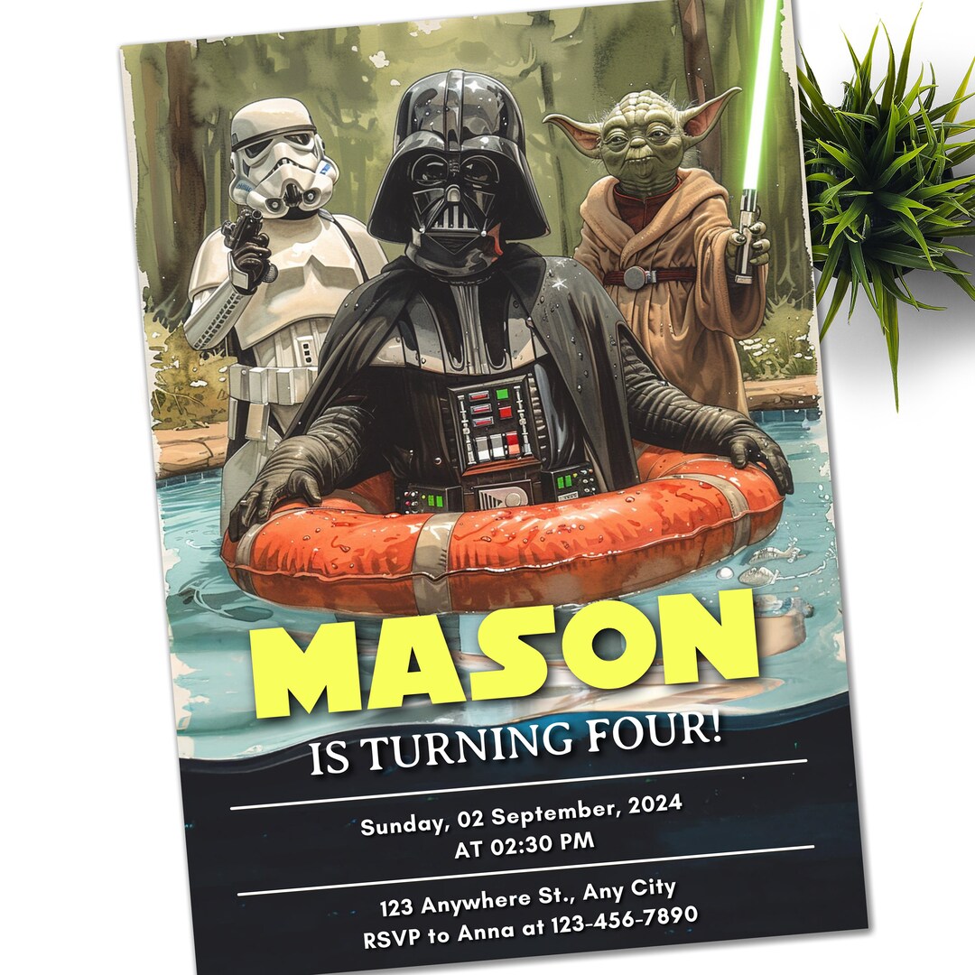 Editable Darth Vader Yoda Pool Party Birthday Invitation Template ...