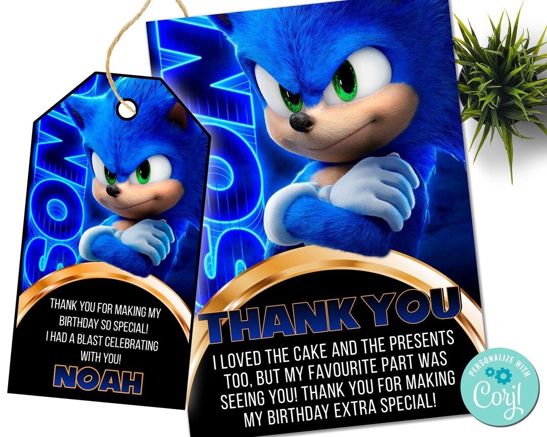 Editable Birthday Sonic Thank You Card and Tag Super Hedgehog - Etsy