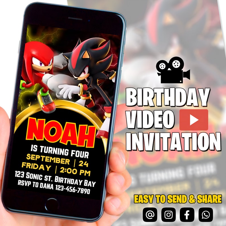 Sonic Shadow, Knuckles Video Invitation, Super Hedgehog Kids Party E ...