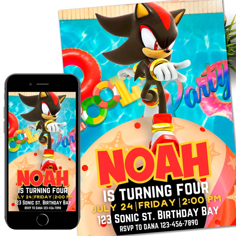 Pool Party Sonic Shadow Invitation, Super Hedgehog Kids Party E-invite ...