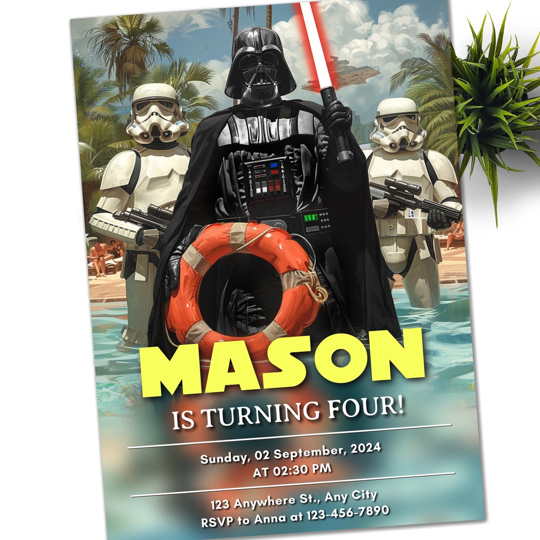 Editable Darth Vader Yoda Pool Party Birthday Invitation Template ...