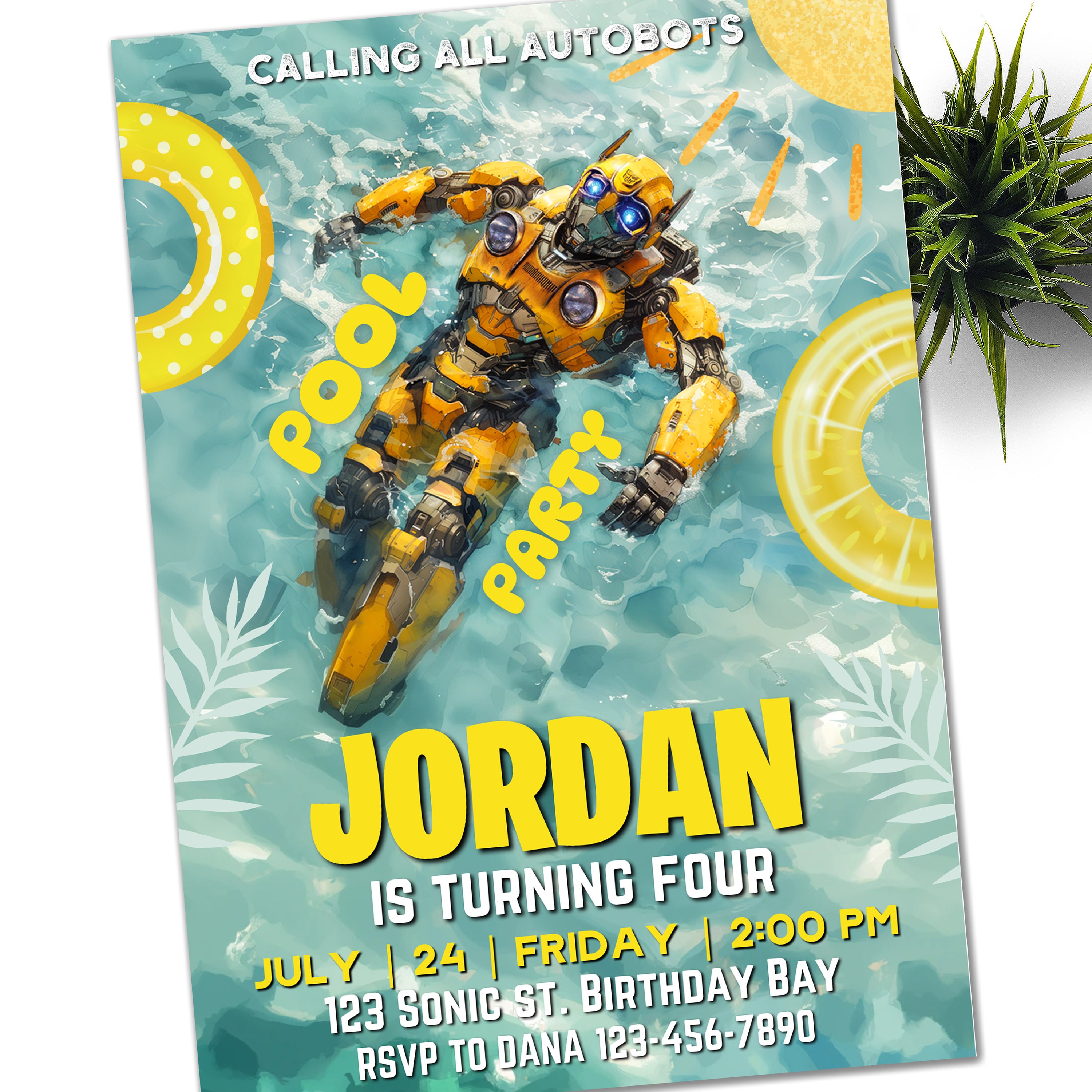 Pool Party Bumblebee Transformers Birthday Invitation Template ...