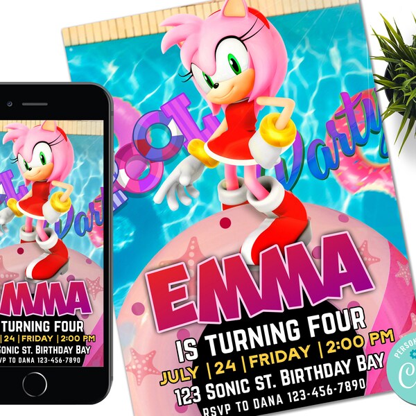 Amy Sonic Pool Party Birthday Invitation - Etsy