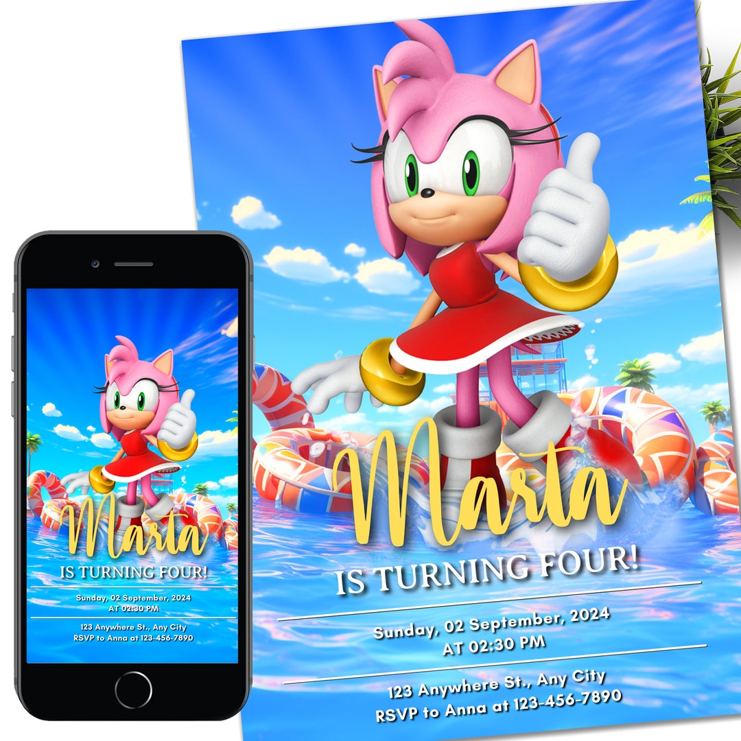Sonic Amy Rose Pool Party Birthday Digital Invitation, Kids Party E ...