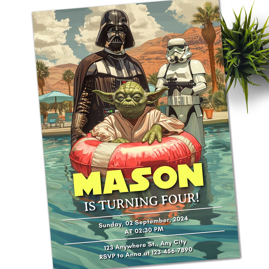 Editable Darth Vader Yoda Pool Party Birthday Invitation Template ...