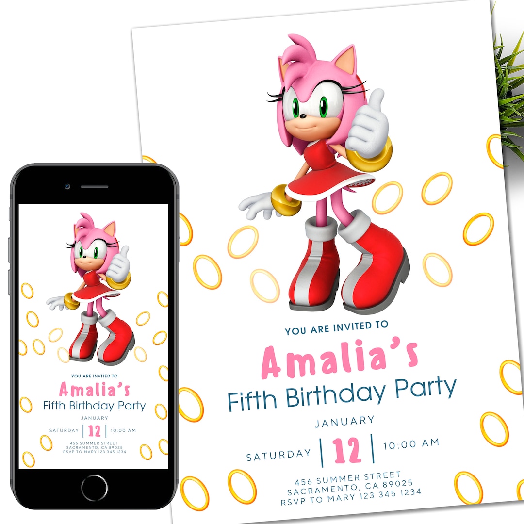 Sonic Amy Rose Birthday Digital Invitation, Kids Party E-invite ...